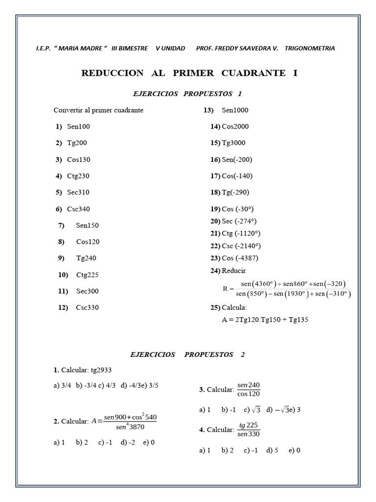 2024 III Bim.trigo 12...... Basico Reduccion Al Primer Cuadrante | PDF | Ajedrez