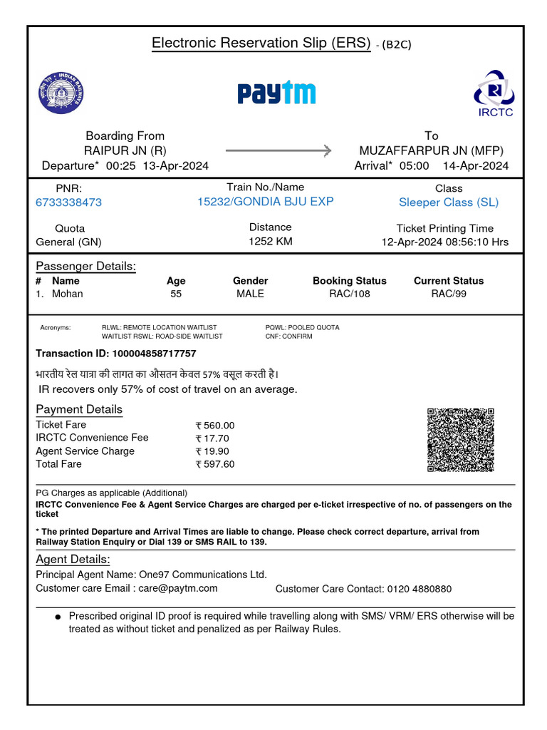 Electronic Reservation Slip (ERS) | PDF | Identity Document