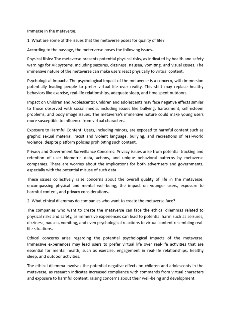 Metaverse Questions and Answers | PDF | Privacy | Adolescence