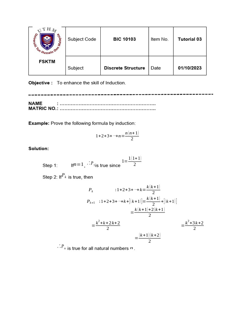 Tutorial 03 Bic 10103 | PDF | Mathematical Proof | Summation