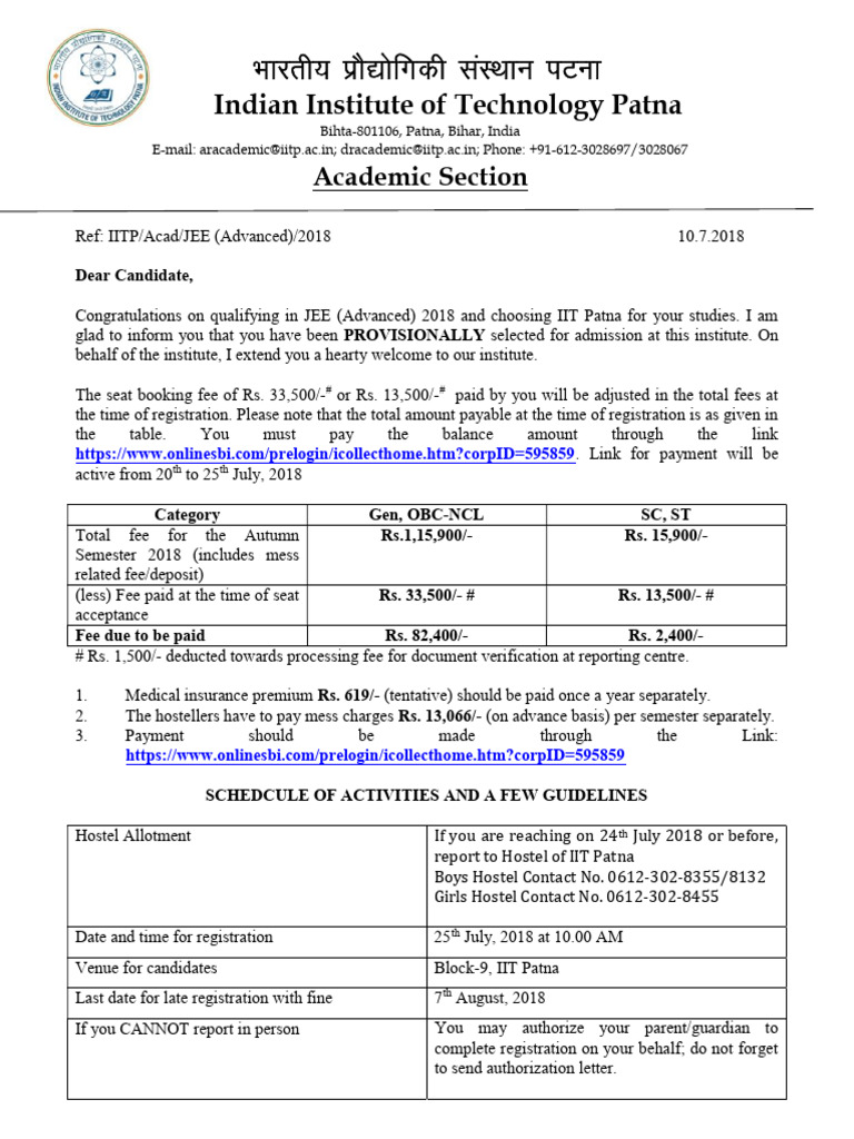 Offer Letter IIT Patna | Download Free PDF | Fee