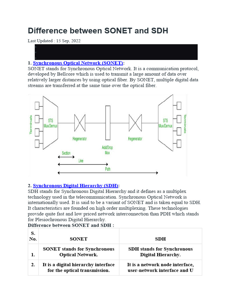 Difference Between SONET and SDH | PDF | Computer Science | Telecommunications Engineering