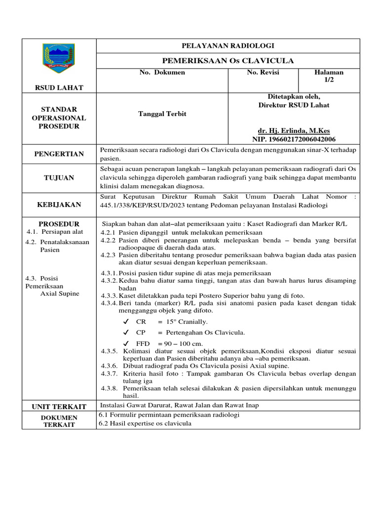 Spo 013 Protap Pemeriksaan Clavicula | PDF | Kesehatan Holistik | Sains & Matematika