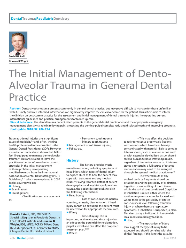 The Initial Management of Dento-Alveolar Trauma | PDF | Human Tooth | Mouth