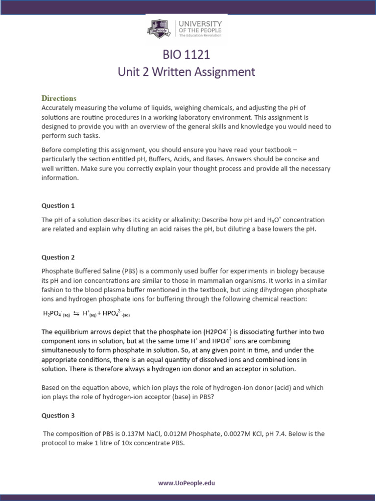 BIO 1121 Unit 2 Written Assignment | PDF | Mole (Unit) | Buffer Solution