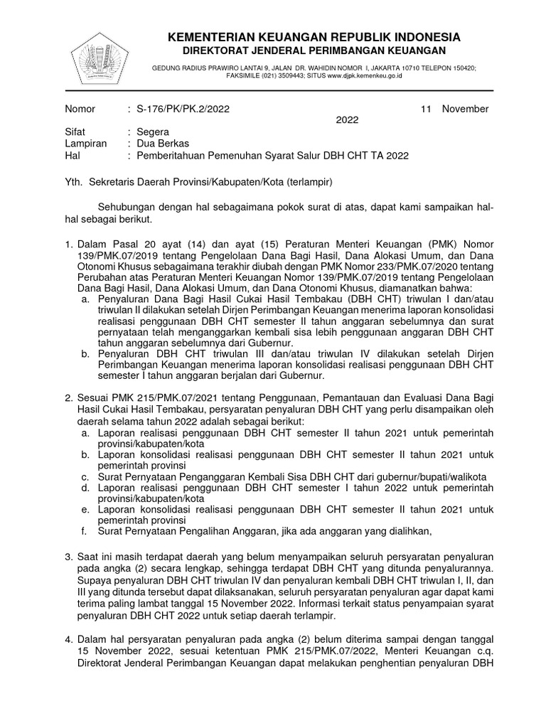 S-176 Pemberitahuan Pemenuhan Syarat Salur DBHCHT TA 2022 | PDF
