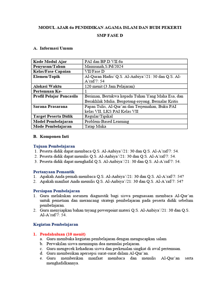 Modul Ajar PAI K-VII SEM 2 | PDF