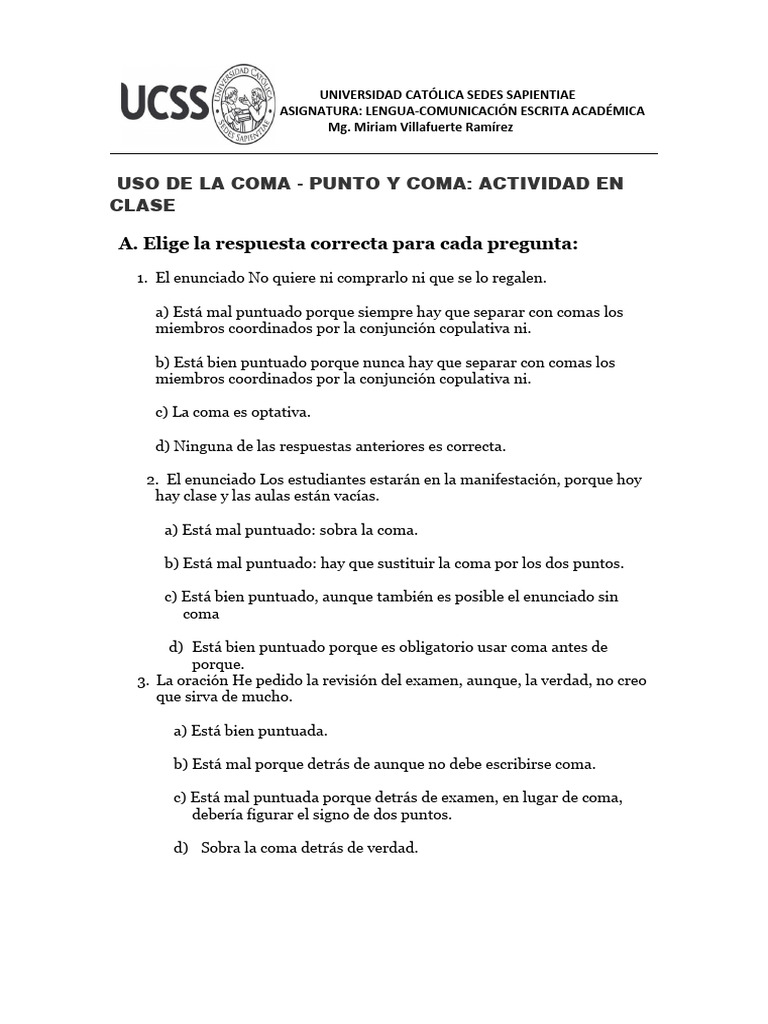 Uso de La Coma - Punto y Coma - Actividad en Clase | PDF | Artes del ...