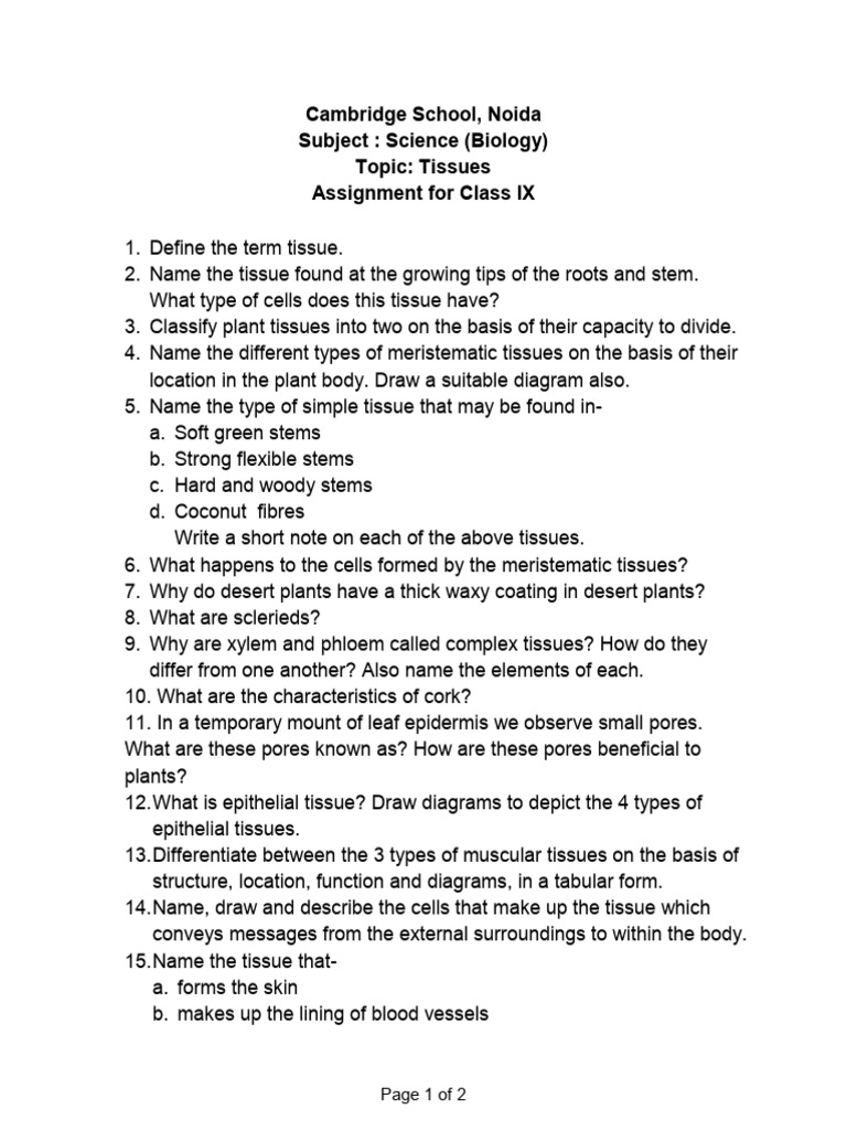 Class IX Bio Tissue Assgn | PDF | Tissue (Biology) | Branches Of Botany
