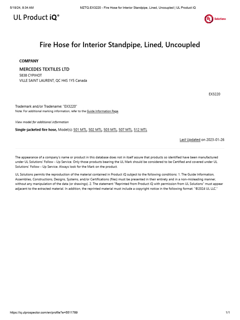 MZTQ - Ex3220 - Fire Hose For Interior Standpipe, Lined, Uncoupled - UL ...
