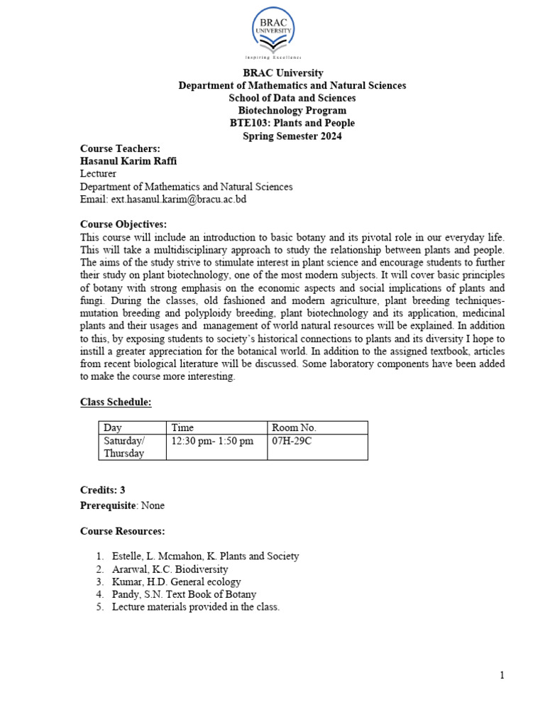 BTE103: Plants and People Course Outline | PDF | Botany | Biotechnology