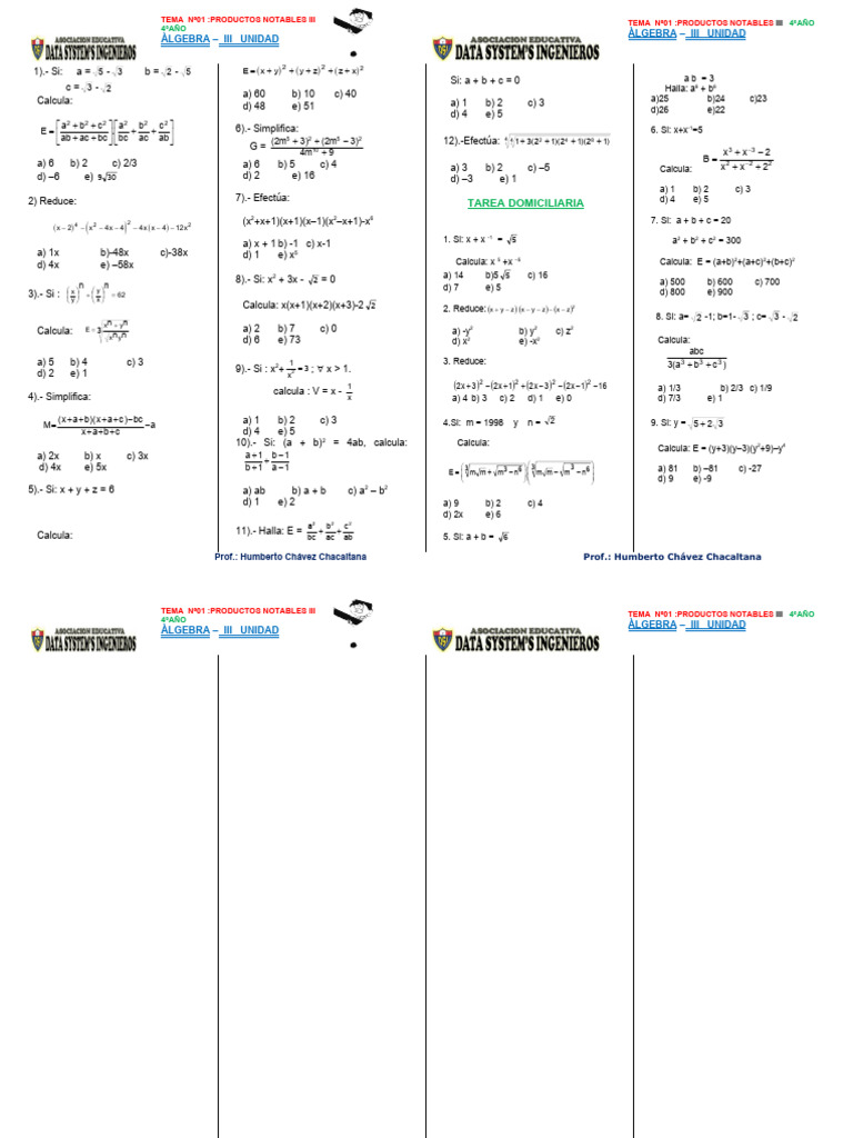 Tema Nº01 Àlgebra III Unidad 4° Año Data 2024 | PDF | Ajedrez