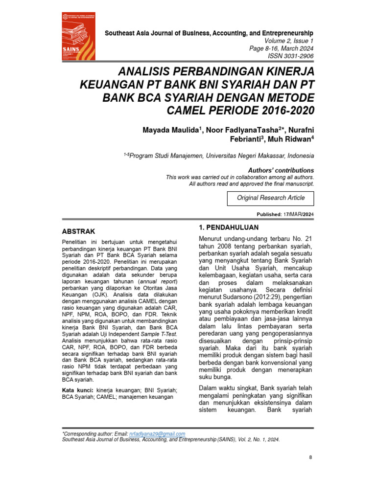 Perbandingan Kinerja Keuangan BNI dan BCA Syariah | PDF