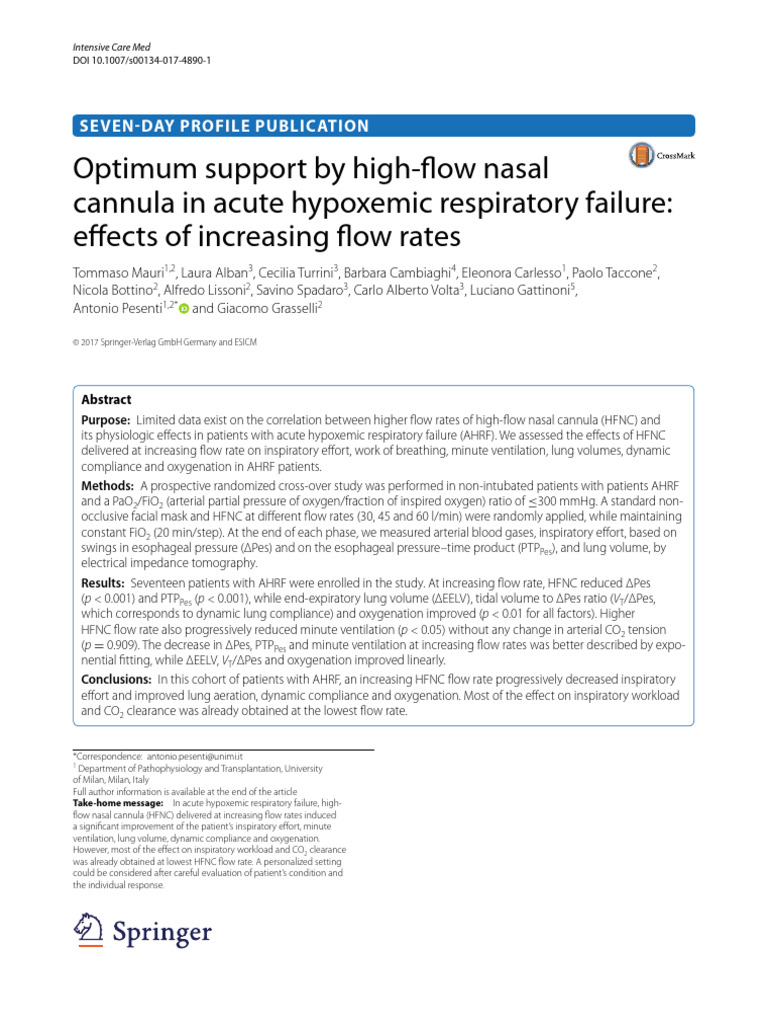 Mauri 2017 - Optimum Support by High Flow Nasal Cannula in AHRF | PDF ...