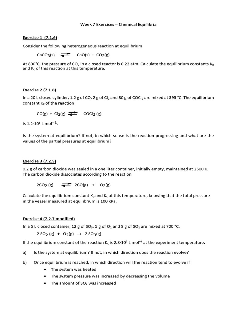 Exercises 7 Chem | PDF | Chemical Equilibrium | Chemical Reactions