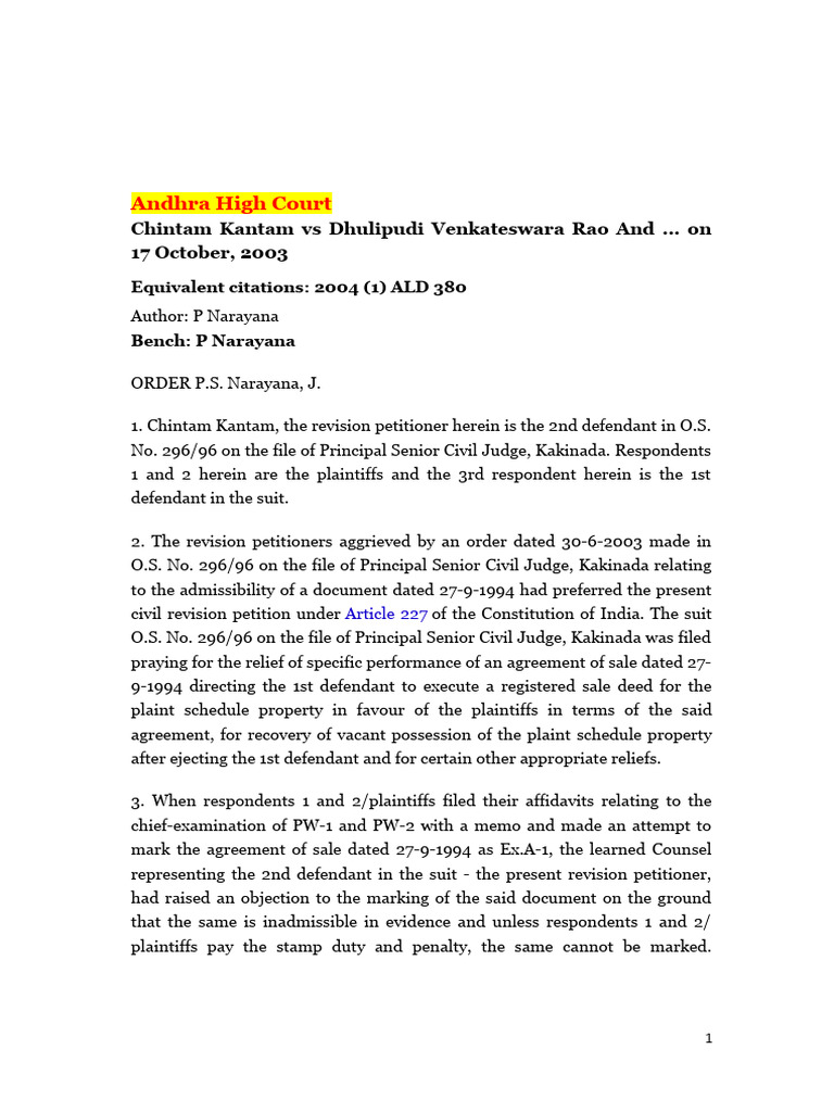 Andhra High Court Agreement of Sale With Possession Chargeable Stamp ...