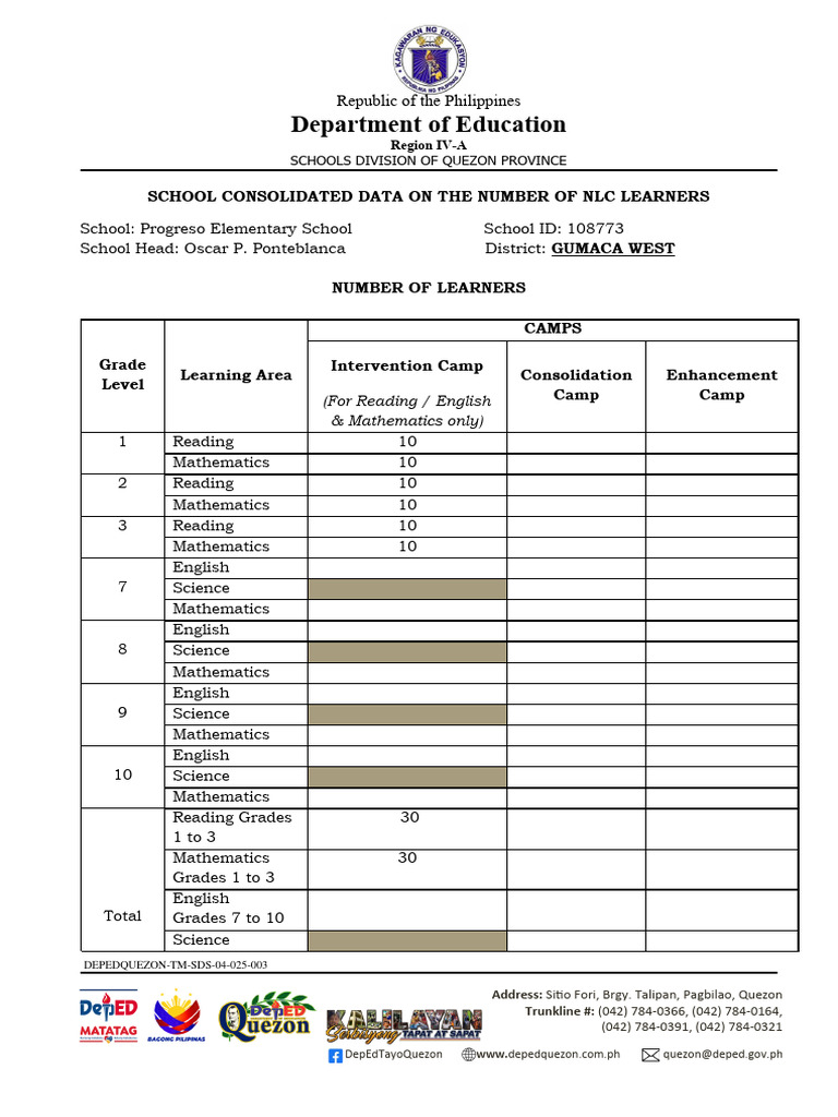 Template School Consolidated Data On The Number Of Nlc Learners Pdf