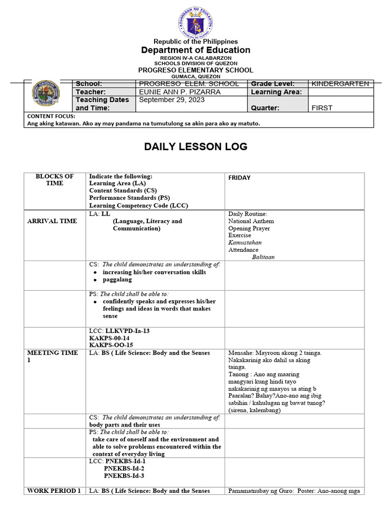 daily-lesson-log-template | PDF | Human Communication | Cognition