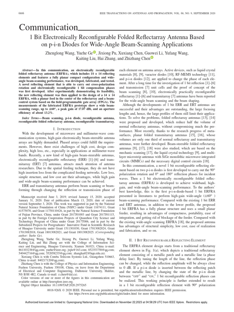 1 Bit Electronically Reconfigurable Folded Reflectarray Antenna Based ...
