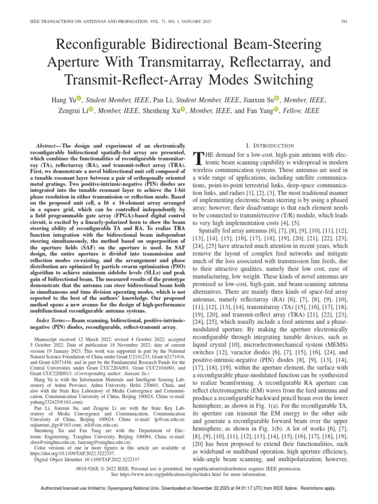 Reconfigurable Bidirectional Beam-Steering Aperture With Transmitarray Reflectarray and Transmit ...