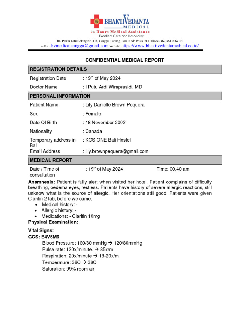 Medical Report for Patient in Canggu | PDF | Clinical Medicine ...
