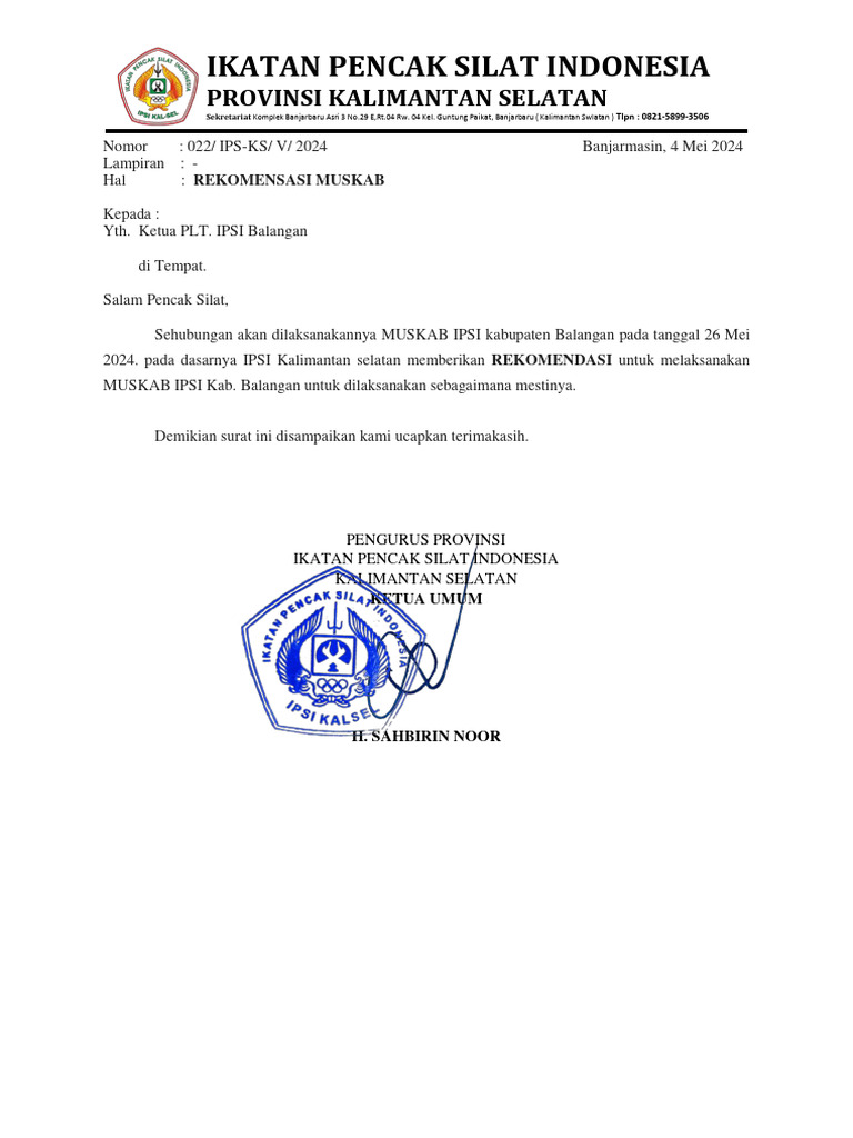 Rekomendasi MUSKAB IPSI Balangan 2024 | PDF