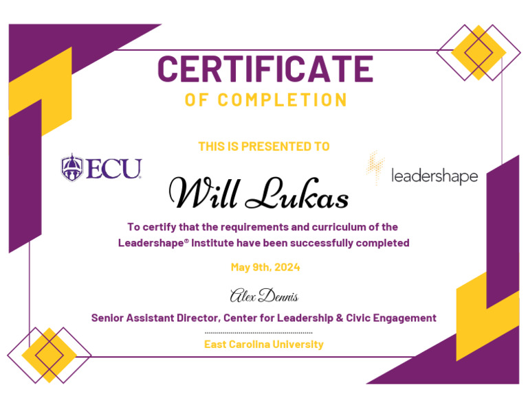 Leadershape® Institute Completion Certificate | PDF | Career & Growth