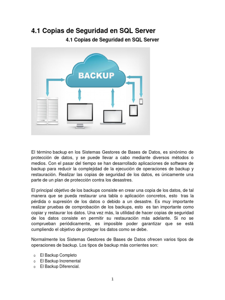 4.1 Copias de Seguridad en SQL Server | PDF | Apoyo | Gestión de datos