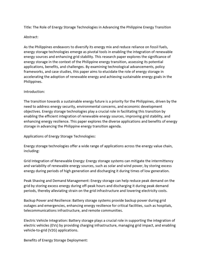 The Role of Energy Storage Technologies in Advancing The Philippine ...