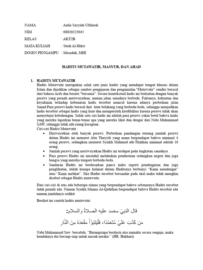 Review Klasifikasi Hadits Dari Segi Kuantitas | PDF | Agama & Spiritualitas