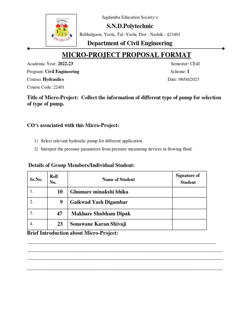 Hydrualis Micro Project Proposal Format | PDF | Science & Mathematics ...