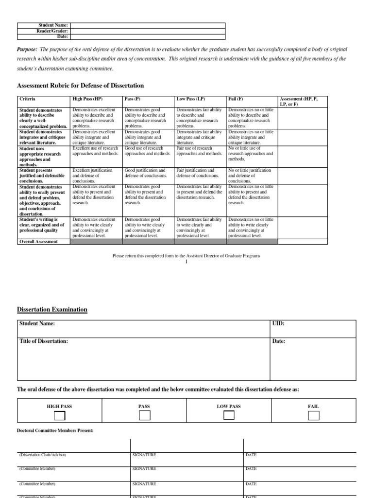 Dissertation Oral Defense Evaluation Form | PDF | Thesis | Rubric ...