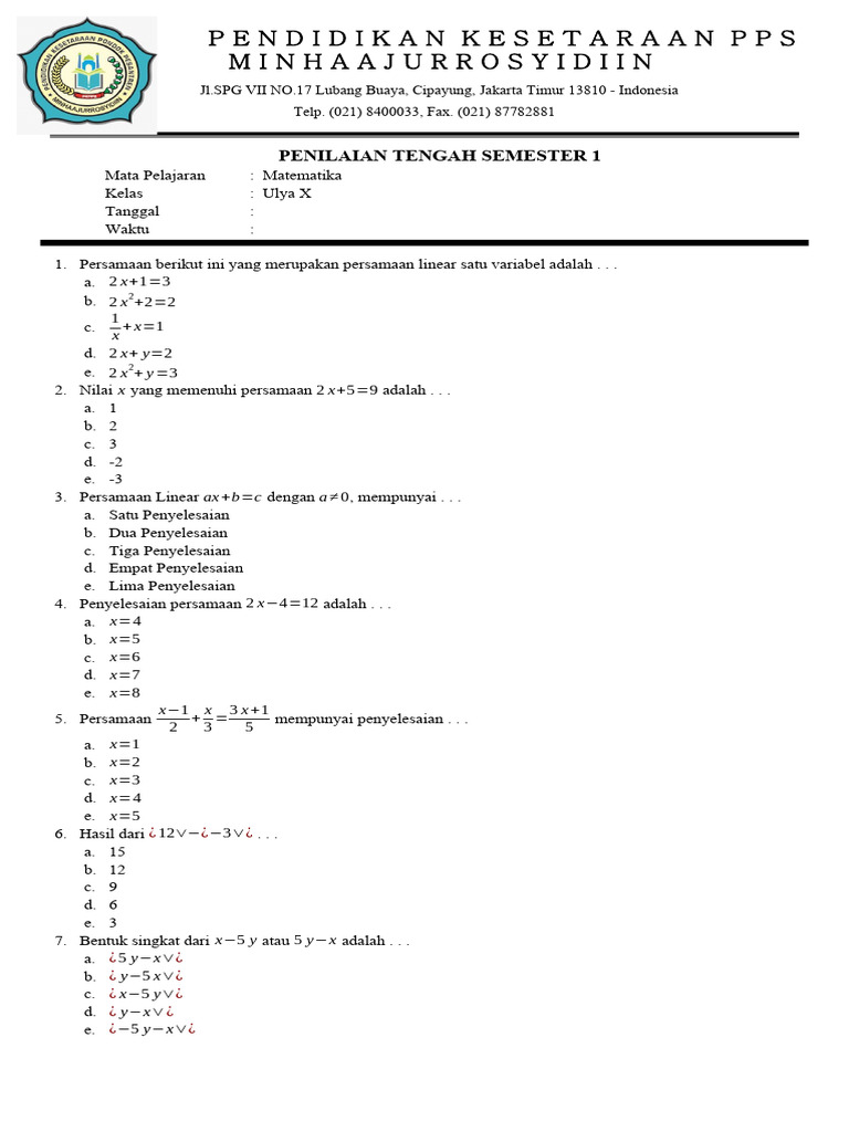 Soal PTS Matematika Kelas X Semester Ganjil 2020-2021 | PDF