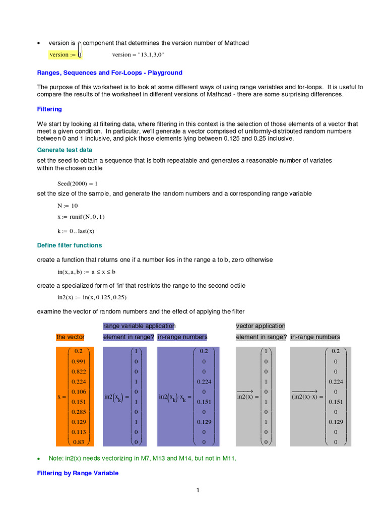Dev Range Variables and For Loops in Mathcad | PDF | Function (Mathematics) | Algorithms