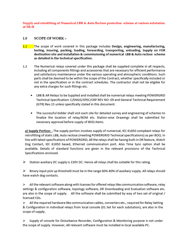 Numerical LBB & Auto Reclose Scheme Supply | PDF | Specification ...