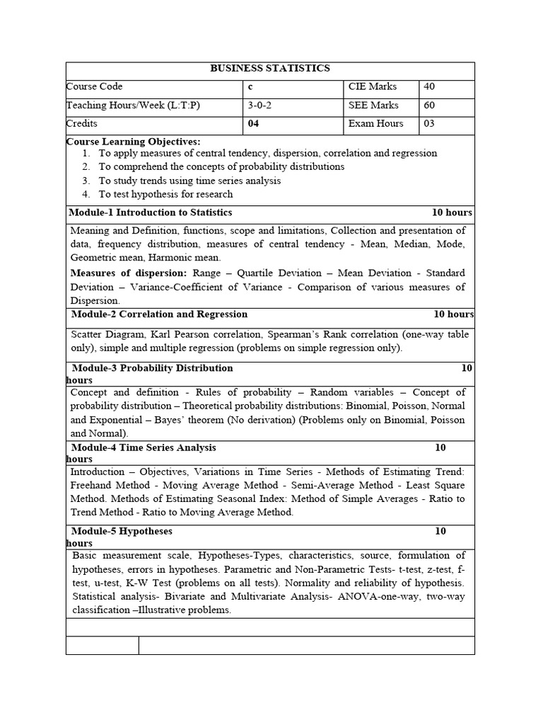 Business Statistics - Syllabus | PDF | Statistics | Normal Distribution