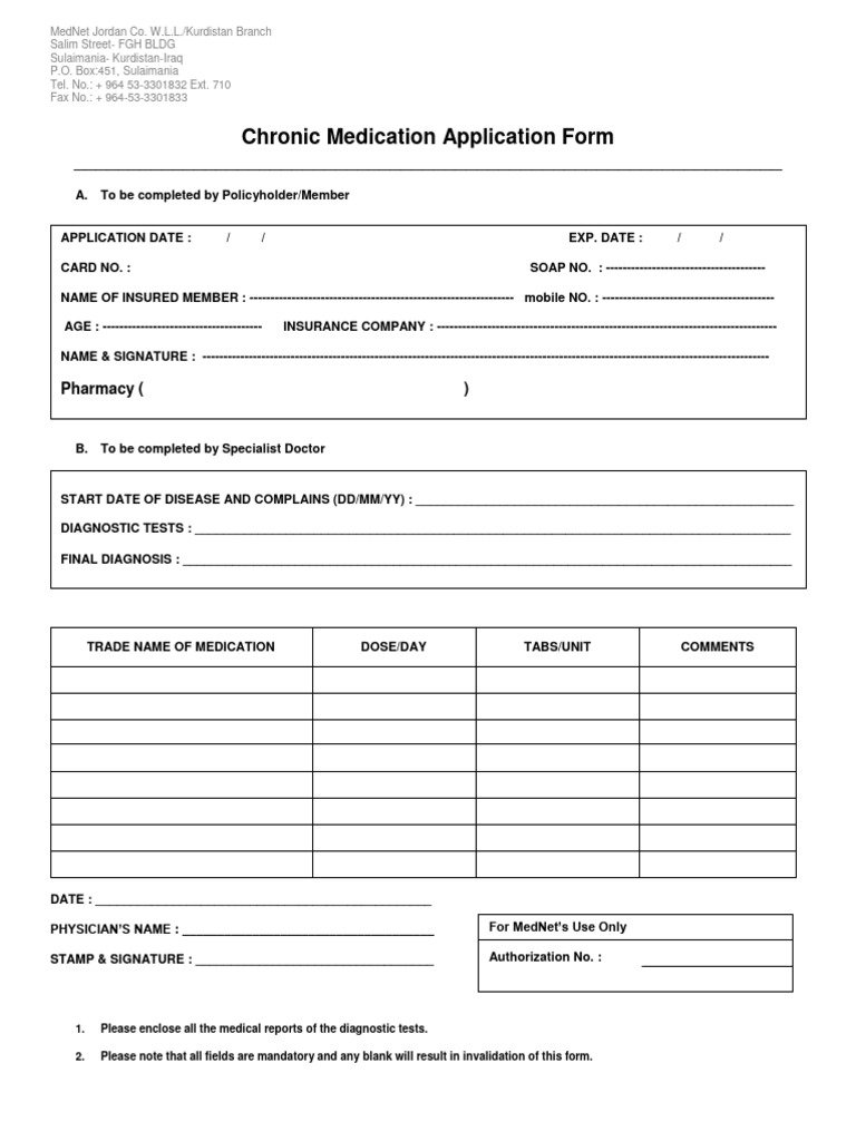 Chronic Medication Application Form | PDF | Business