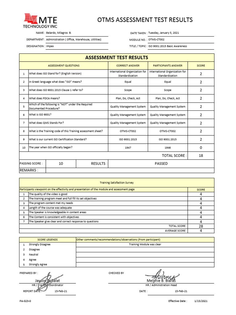 OTMS-002 Assessment Test Results | PDF | Iso 9000 | Quality Management