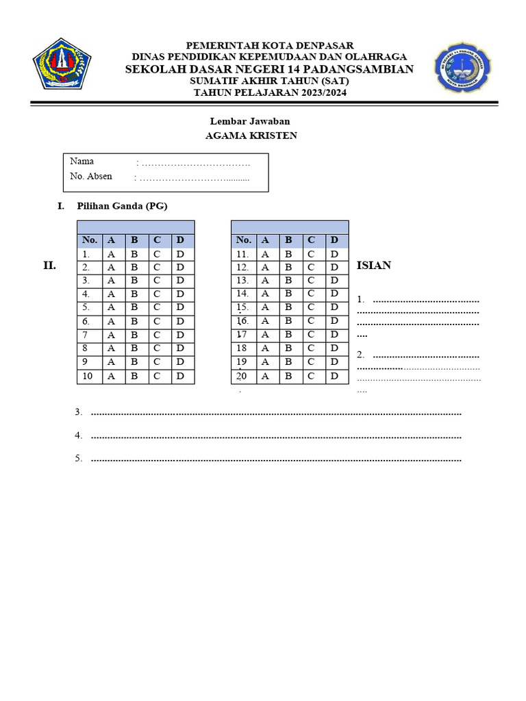 LEMBAR JAWABAN AGAMA KRISTEN | PDF