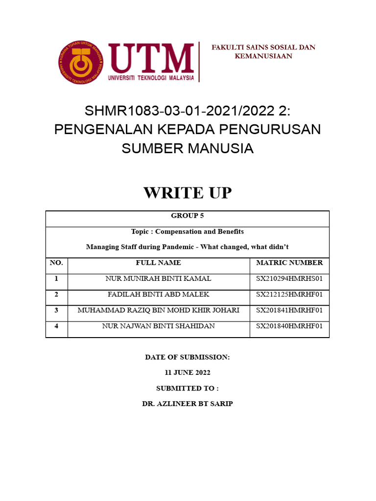 SHMR 1083 - Write Up Pengenalan Kepada Pengurusan Sumber Manusia | PDF | Compensation And ...