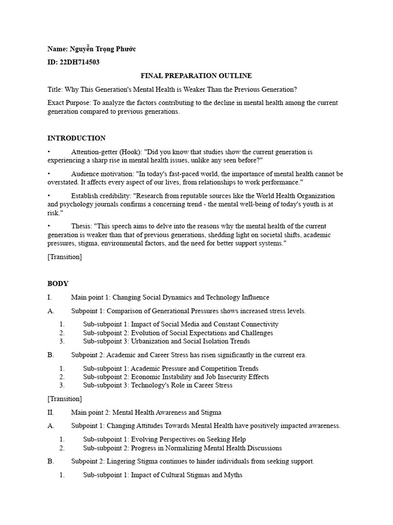 Final Preparation Outline | PDF | Mental Health | Social Stigma