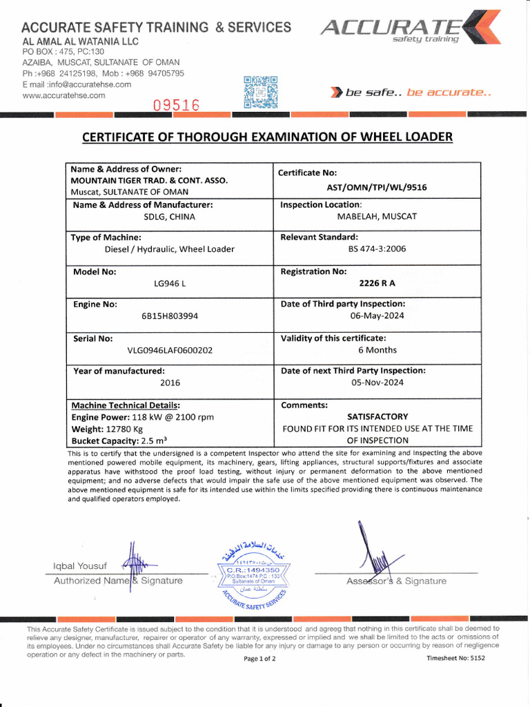 Wheel Loader Inspection Certificate | PDF | Loader (Equipment) | Vehicles