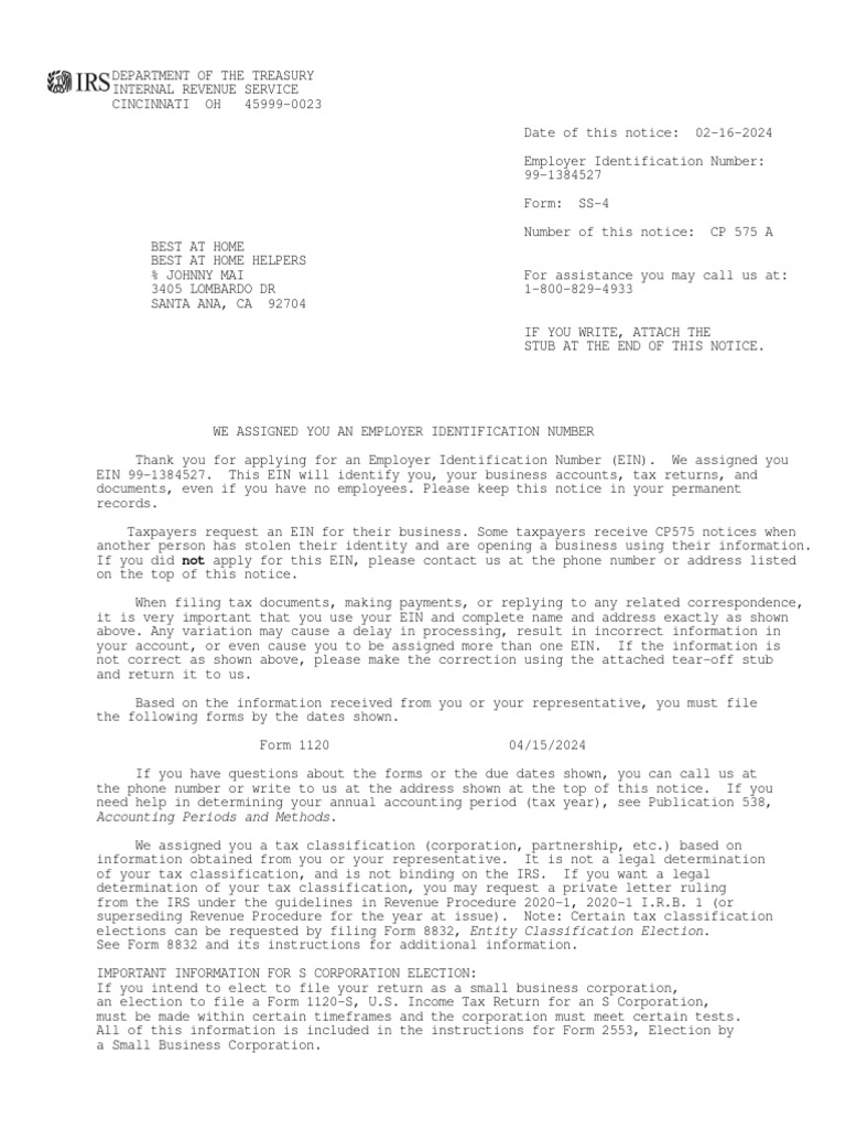 Best at Home Johnny Mai iEIN Letter | PDF | Irs Tax Forms | Internal Revenue Service