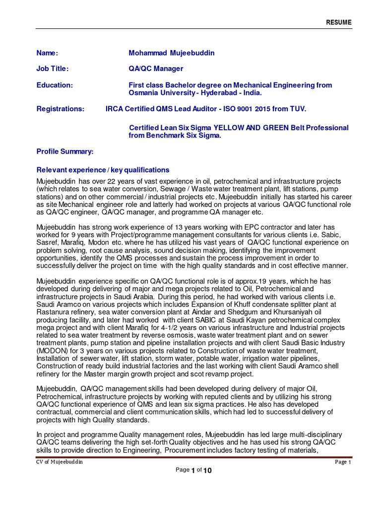Name - Mohammad Mujeebuddin | PDF | Quality Assurance | Specification (Technical Standard)