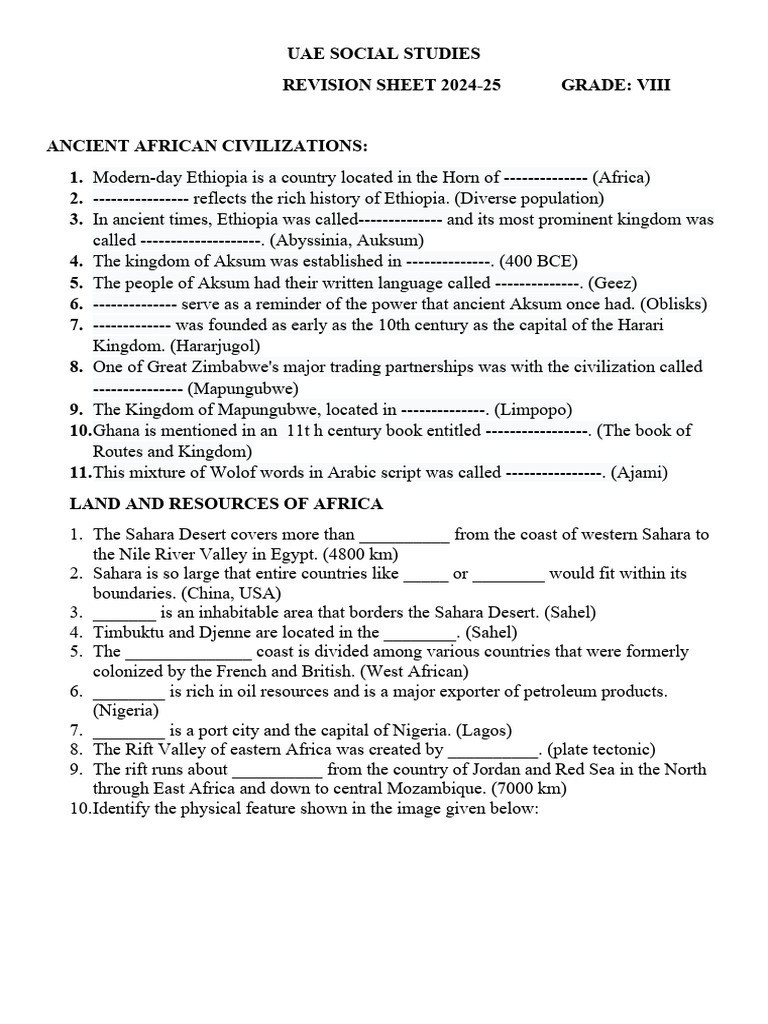 GRADE 8 UAE SST UT-1 REVISION SHEET 2024-25 With Answers | PDF | Africa ...