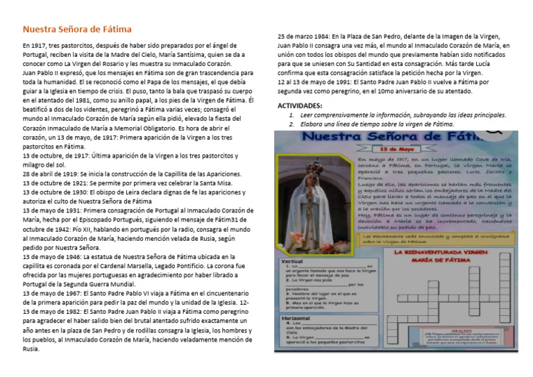 Nuestra Se-Ora de F-Tima FICHA | PDF | Nuestra señora de fátima | María, madre de Jesús