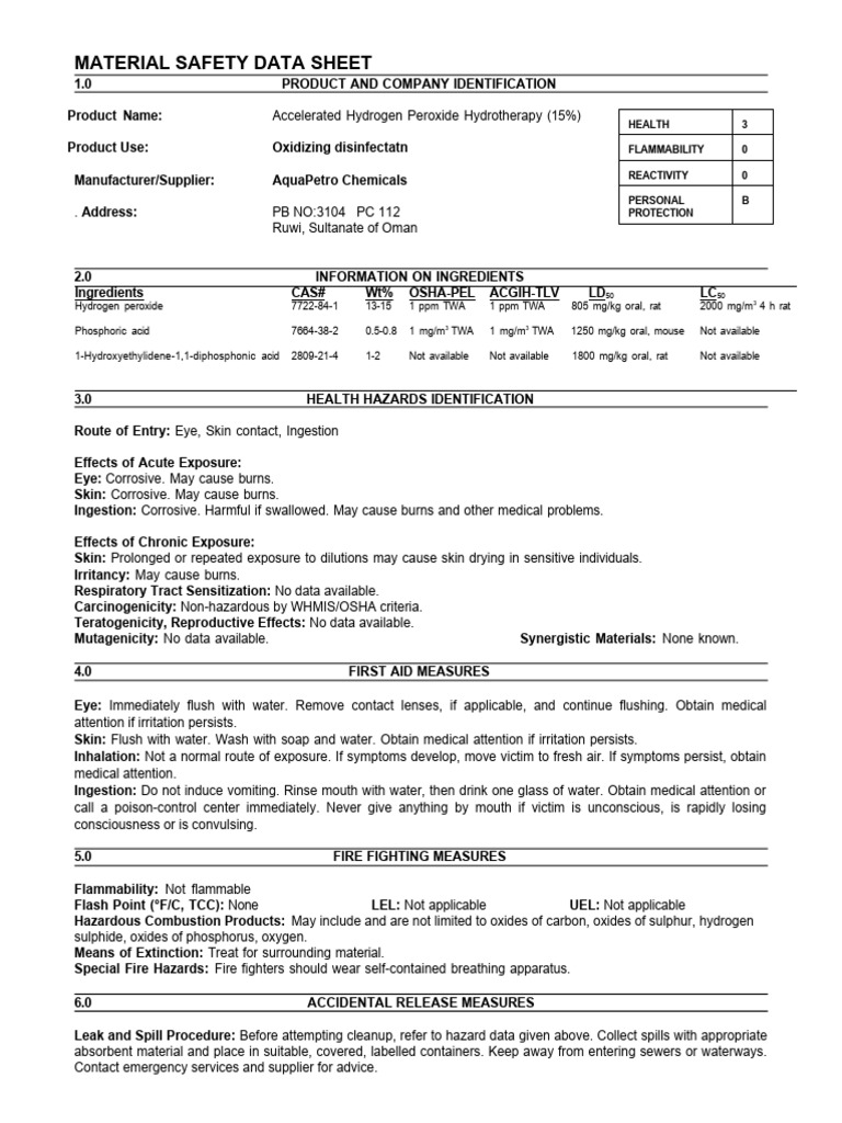 Accel Hydrotherapy MSDS | Download Free PDF | Hydrogen Peroxide | Water
