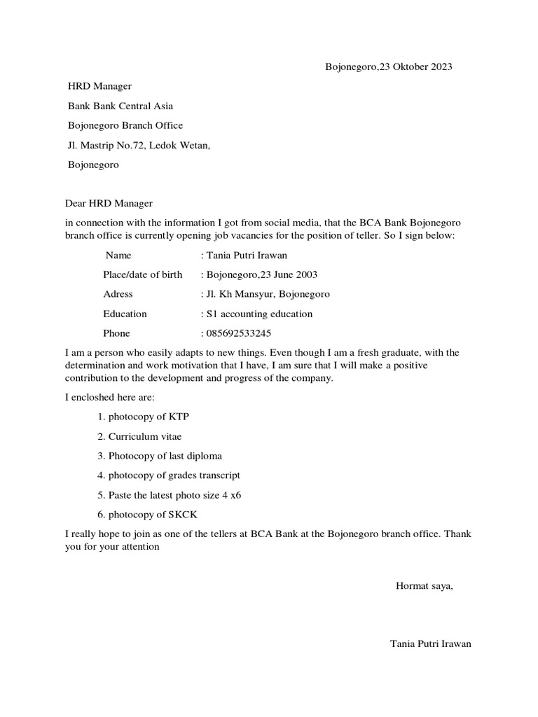 050 - Tania Putri Irawan - Application Letter | PDF