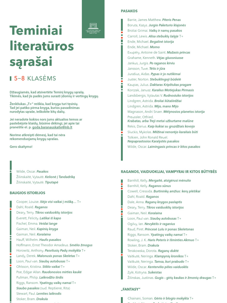 Literaturos - Sarasas - 5-8kl 9 | PDF