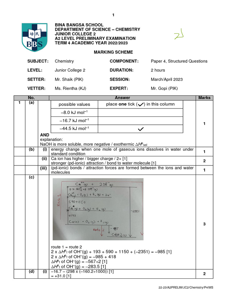 22-23 A2PRELIM JC2 Chemistry P4 MS FBP | PDF | Coordination Complex | Chemistry